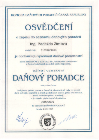 Ing. Naděžda Zímová - Komora daňových poradců ČR